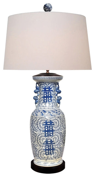 Blue and White Porcelain Double Happiness Table Lamp, 41" - Table Lamps ...