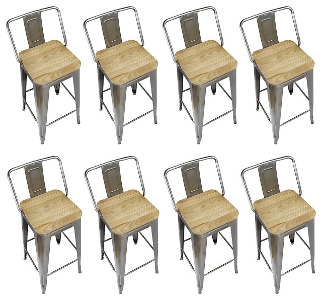 Black 30" High Back Metal Bar Stools With Wooden Seat Set of 8 ...