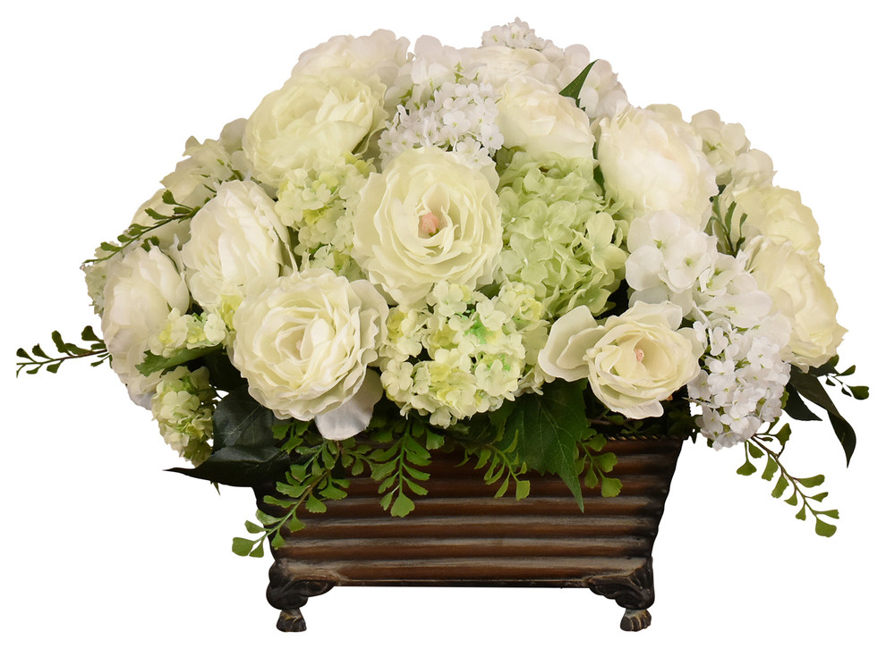 Cream and Green Silk Flower Arrangement - Traditional - Artificial ...