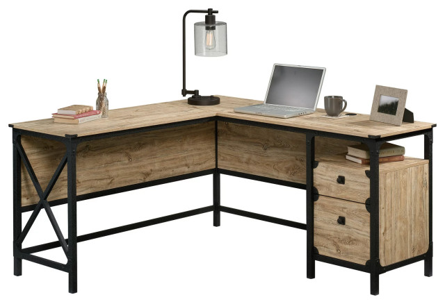 Industrial Desk, L-Shaped Design With Metal Frame & Lower Drawers ...