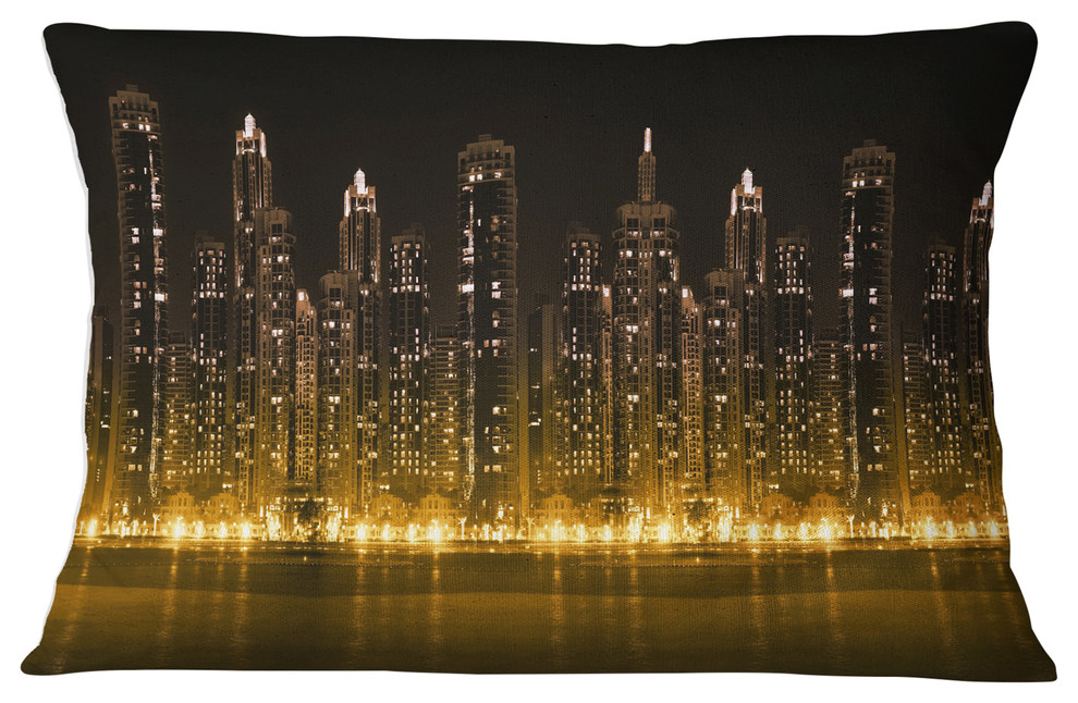 Modern City with Illuminated Skyscrapers Cityscape Throw Pillow, 12"x20 ...