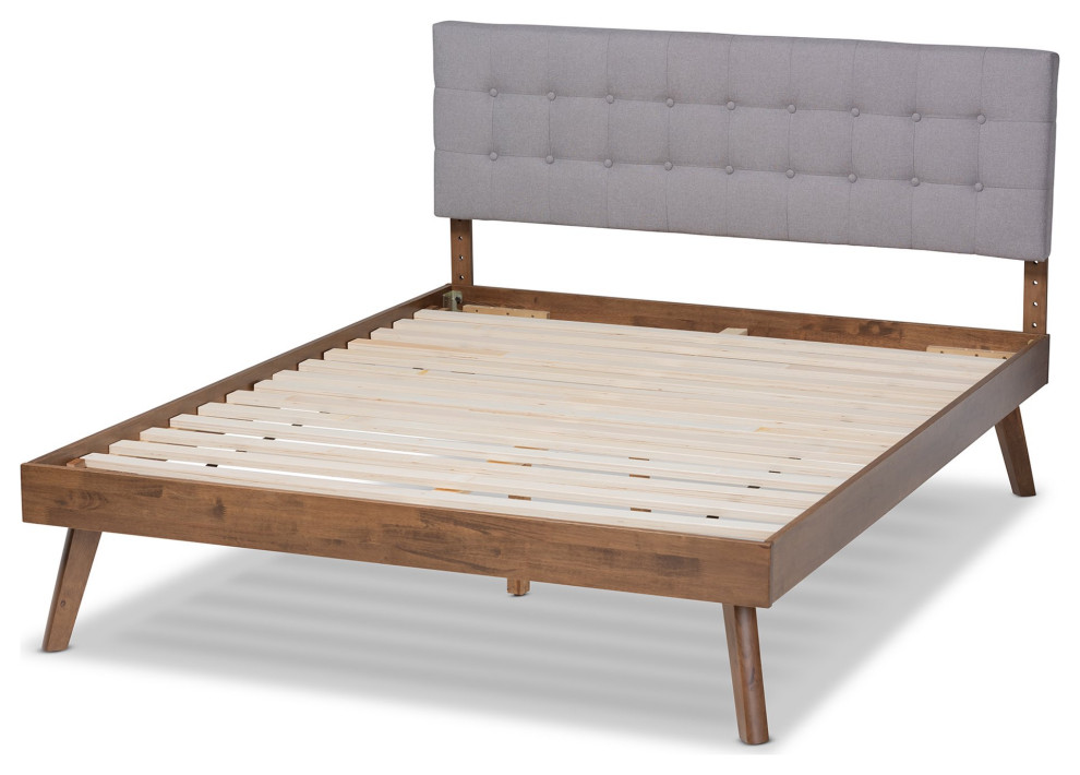 Retro King Platform Bed, Angled Legs & Button Tufted Gray Headboard ...