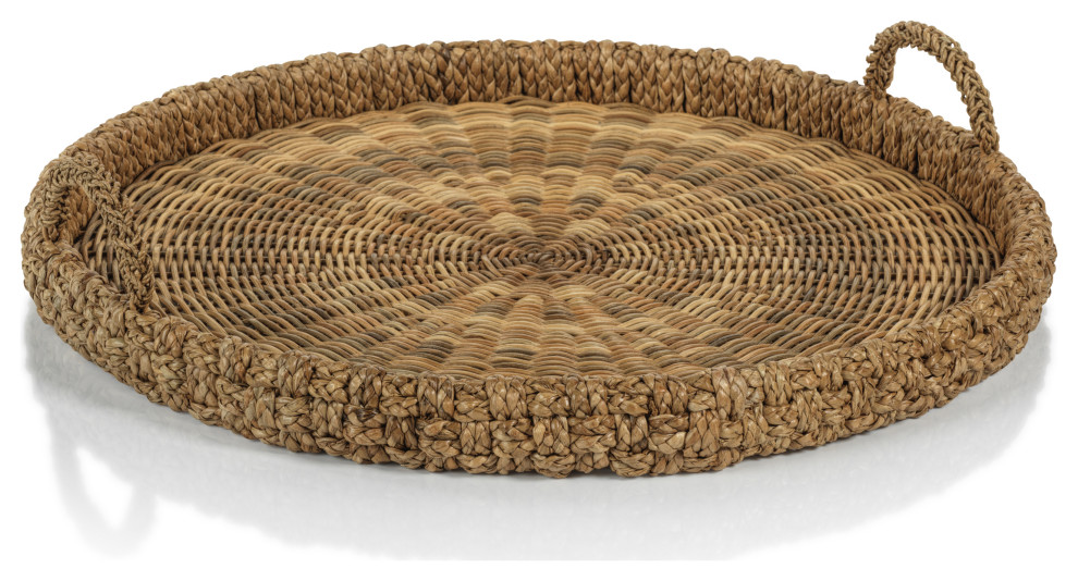 Teramo Braided Seagrass Round Tray With Glass Insert - Beach Style ...