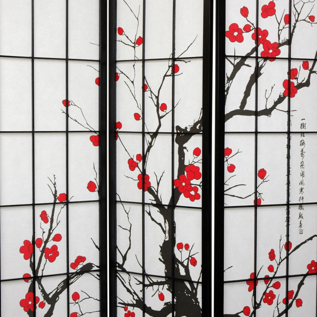 Classic Room Divider, Paper Screens With Cherry Tree Painting, Black, 3 ...
