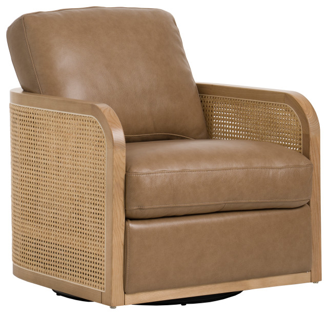 Divani Casa Danson Modern Tan Leather, Wicker Swivel Accent Chair ...