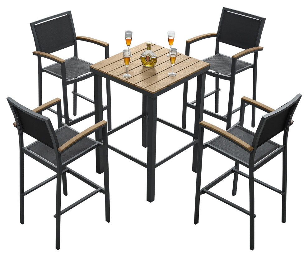 Carlo Imitated Wood Patio Pub Set for 4, Outdoor Bar Furniture With Alu Frame - Transitional ...