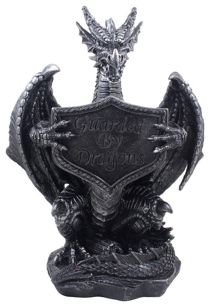 Guardian Dragon Holding "Guarded by Dragons" Sign Statue - Contemporary ...