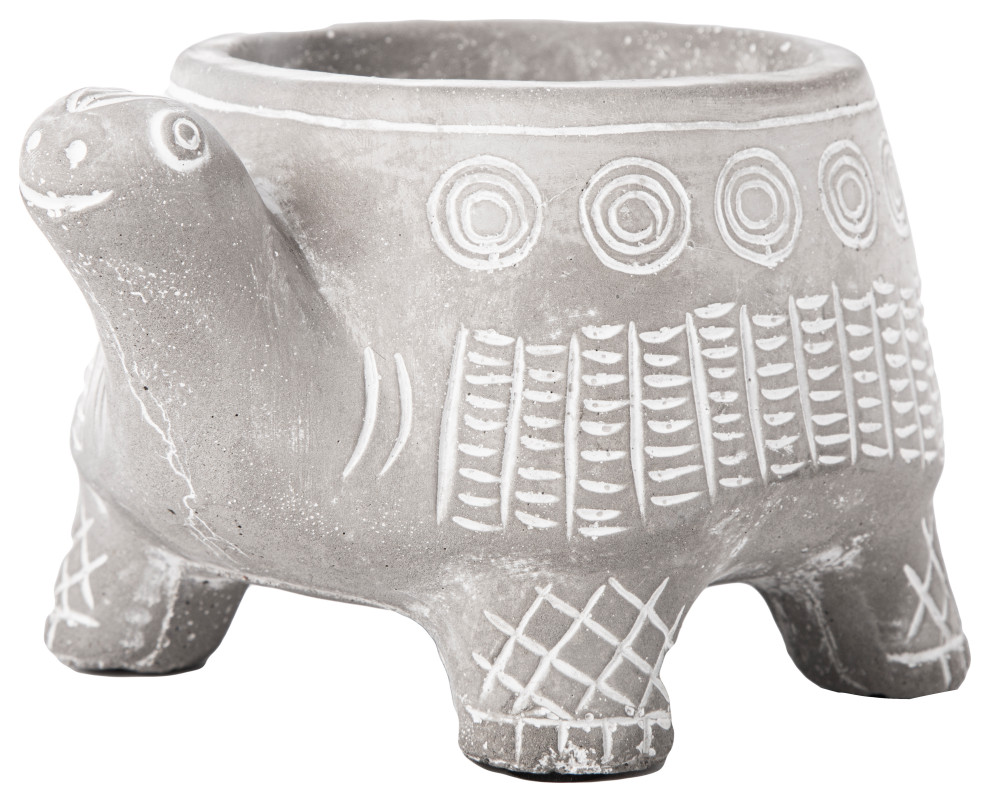 Terracotta Turtle Pot with Tribal Design Washed Concrete Gray Finish ...