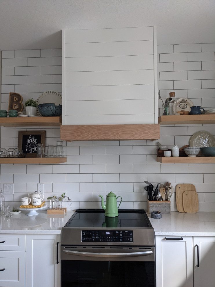 Modern farmhouse kitchen with wooden open shelving - Ramona Aline Home ...