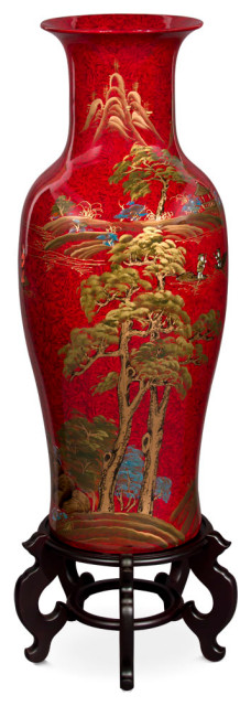 36in Red Lacquer Chinoiserie Scenery Motif Chinese Porcelain Vase ...