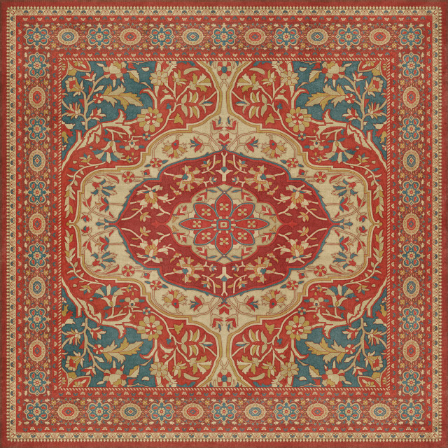Persian Bazaar Farahan, Firdaus 72x72 Vintage Vinyl Floorcloth, Red ...