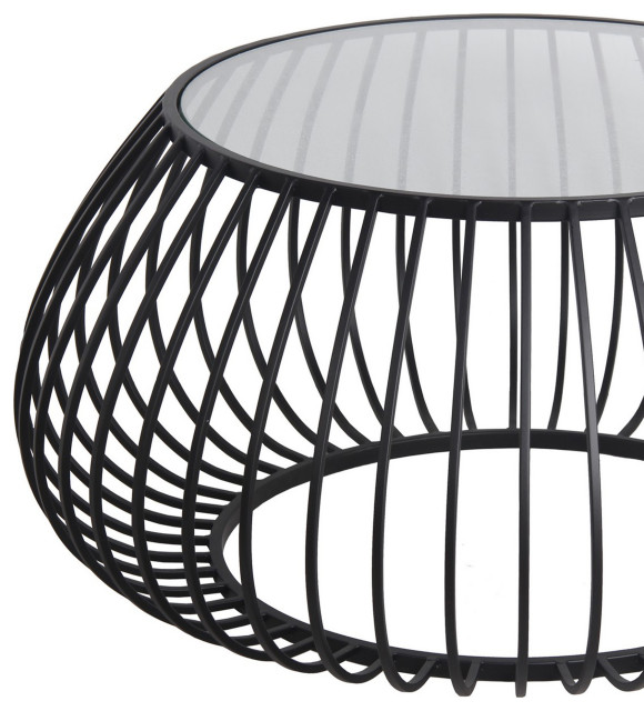 Metal Accent Table with Round Cage Base and Glass Top, Black ...