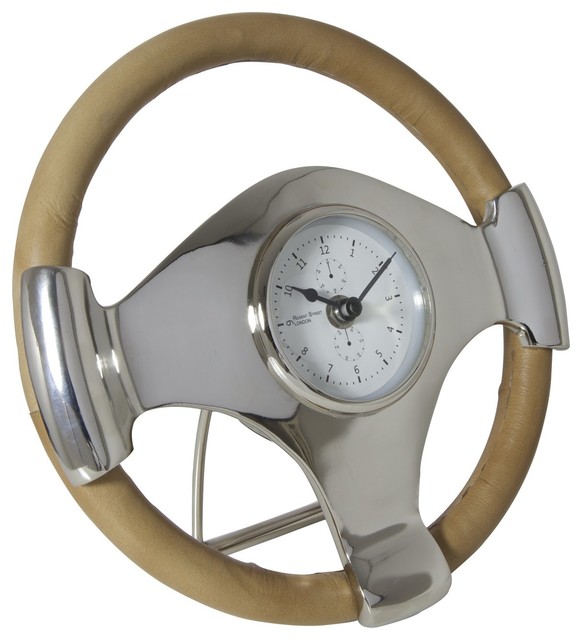 Light and Living Steering Clock Stand Nickel and Leather, Dia 10x2 ...