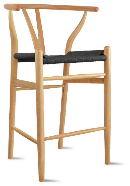 Set of 2 Solid Wood Elbow Counter Stool with Y Back, Woven Black Seat ...