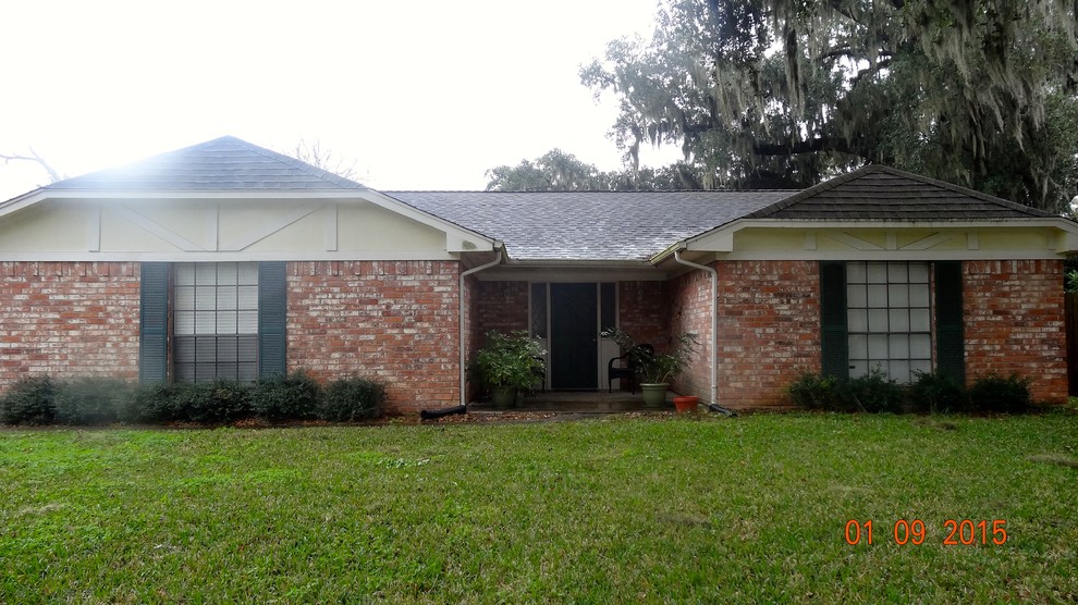 Color suggestion for siding, trim, and roof. Brick is orange not red.