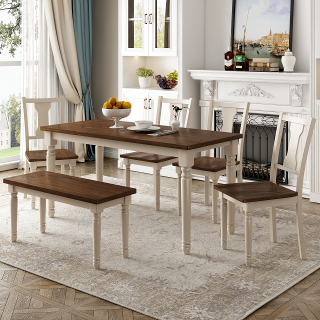 TATEUS Classic 6-Piece Dining Set Wooden Table and 4 Chairs with Bench ...