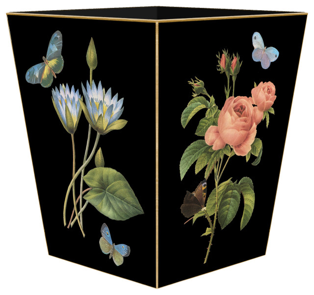 Vintage Pink Roses and Blue Irises on Black Wastepaper Basket ...