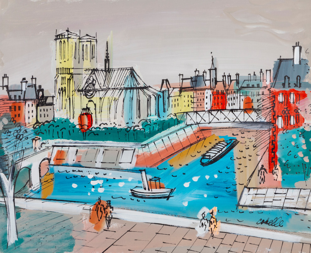 Notre Dame With Bridge 2, Charles Cobelle, 20x24 - Contemporary ...