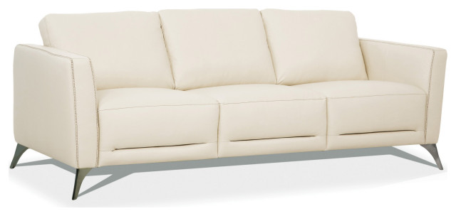 Leather Upholstered Sofa With Track Arms and Angled Metal Feet, Cream ...