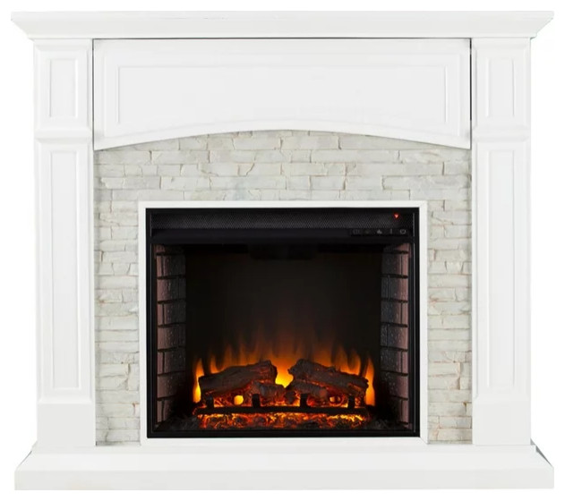 White Faux Stone Electric Fireplace TV Stand with Brick Accents ...