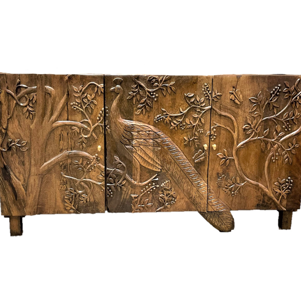 Mother Nature 60" Solid Wood Sideboard Hand Carved Peacock Bird Front ...