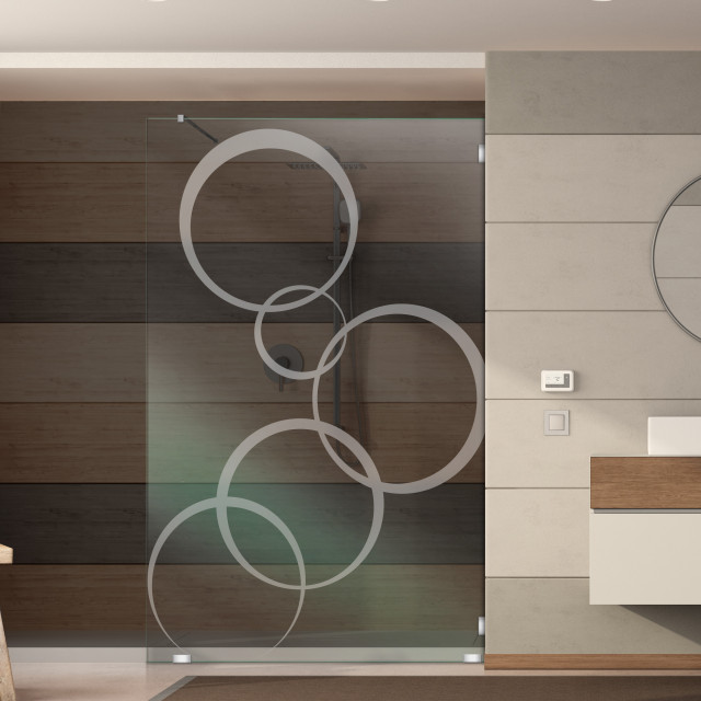 Fixed Frameless Glass Shower Screen with Sandblasted Design, 37-1/2" X 75" Inches - Contemporary ...