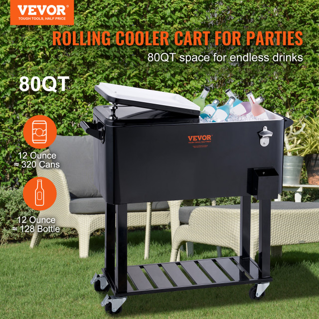 VEVOR 80Qt Rolling Cooler Cart w/Bottle Opener Drainage Patio Party Bar ...