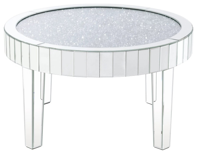 Elegant Silver Round Coffee Table with Mirrored Mosaic Edge and Faux ...