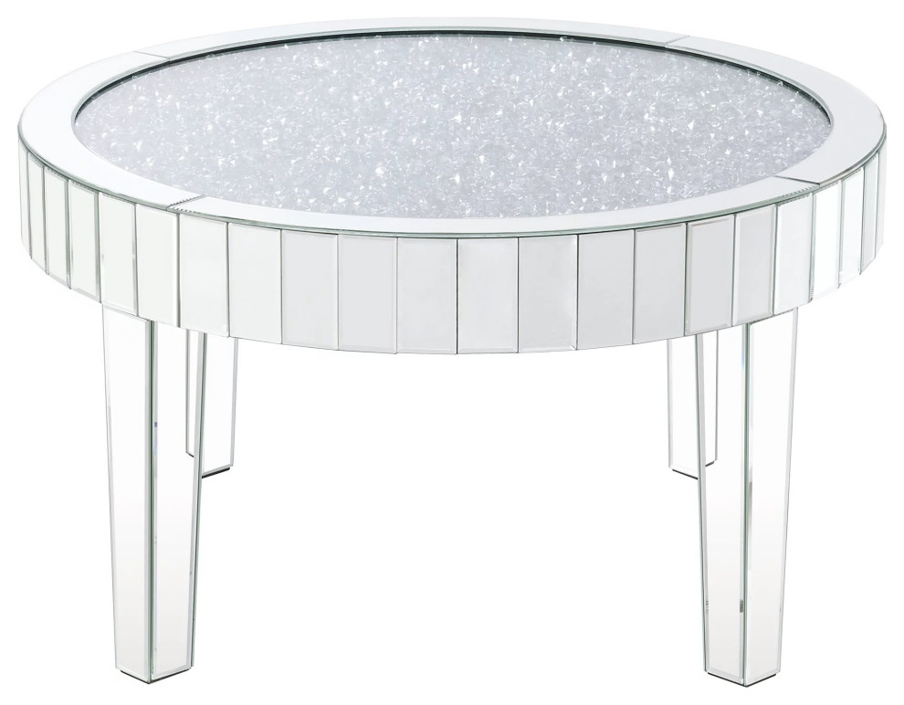 Elegant Silver Round Coffee Table with Mirrored Mosaic Edge and Faux ...