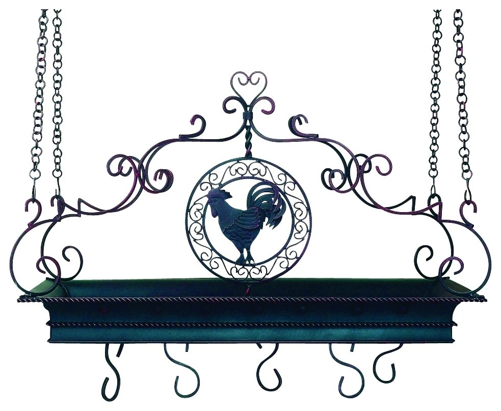 Antique Brown Iron Pot Rack With Rooster Accent - Farmhouse - Pot Racks ...