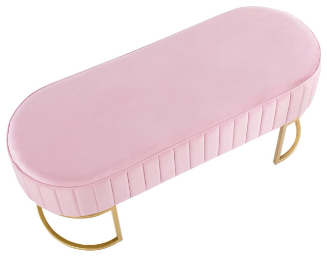 Demi Glam Pleated Bench, Gold Steel/Pink Velvet - Contemporary ...