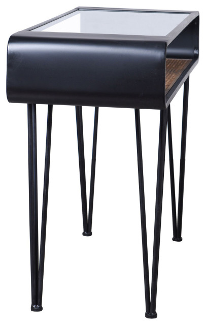 Aaron Console Table Graphite Metal, Clear Glass Top, Rattan Lower Shelf ...