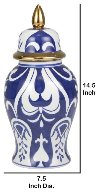 Benzara BM228952 Urn Shaped Ceramic Jar With Lid and Gold Accent, Blue ...