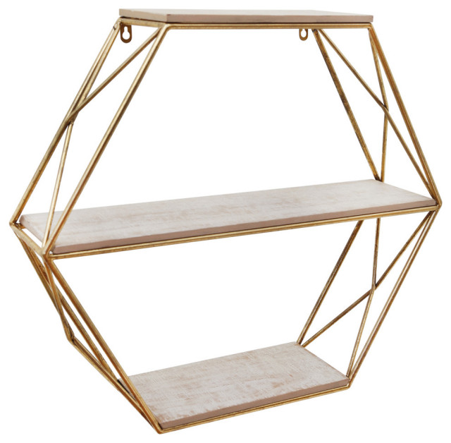 Metal/Wood 3 Tier Hexagon Wall Shelf, Gold - Contemporary - Display And ...