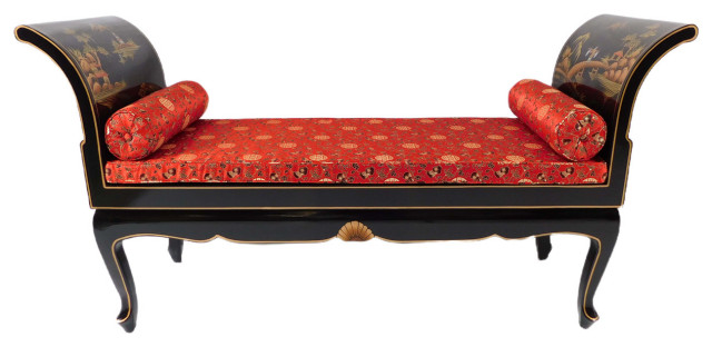 Hand Painted Oriental Bench, Japanese Black Lacquer With French Legs ...