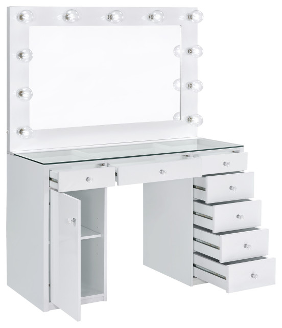 Percy 7-drawer Glass Top Vanity Desk With Lighting White - Contemporary ...