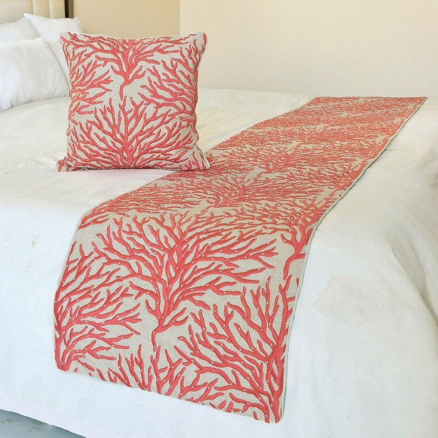 Designer Pink Linen Twin Bed Runner, Coral, Pearl Coraline Pearls, CA ...