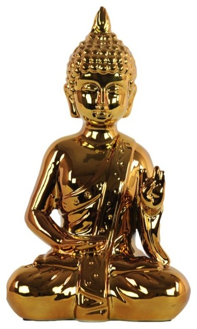 Ceramic Meditating Buddha Figurine with Pointed Ushnisha, Abhaya Mudra ...