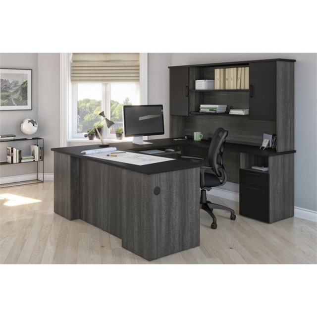 Atlin Designs Transitional Wood U Shaped Computer Desk in Black/Bark ...