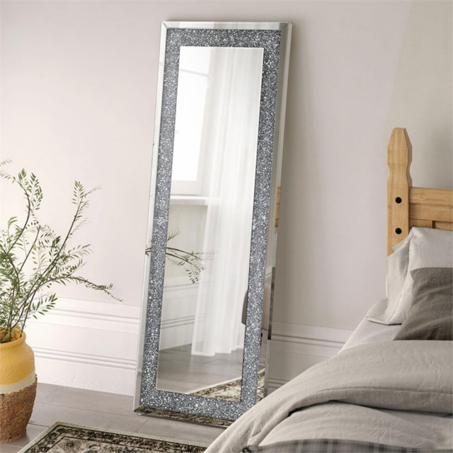 Pemberly Row Modern Silver Glass Crystal Inlay Rectangle Floor Mirror ...