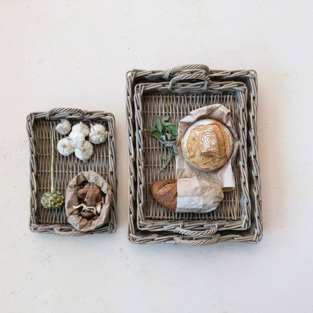 Decorative Woven Rattan Trays With Handles, Natural, Set of 3 ...