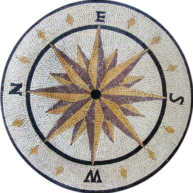 Round Stone Mosaic Compass Design, 24x24 - Garden Statues And Yard Art ...