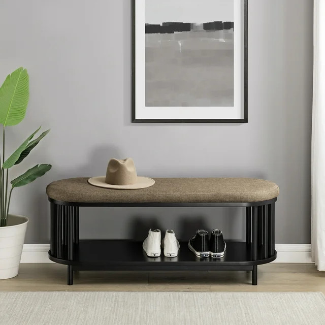 Black Entryway Bench with Upholstered Seat, Oval Design, and Spindle ...