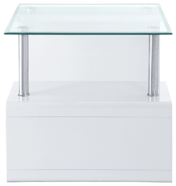Modern End Table, Geometric High Gloss White Body With Square Clear ...