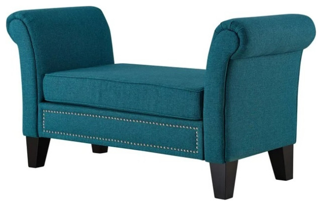 Teal Accent Bench with Cushioned Seat, Rolled Arms, and Black Hardwood ...