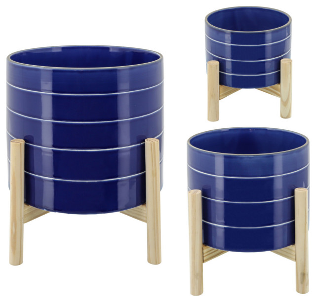 10" Striped Planter With Wood Stand, Navy - Contemporary - Indoor Pots ...