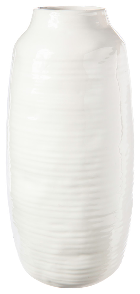 Round Ceramic Vase in Ribbed Design Body Gloss White Finish, Large ...