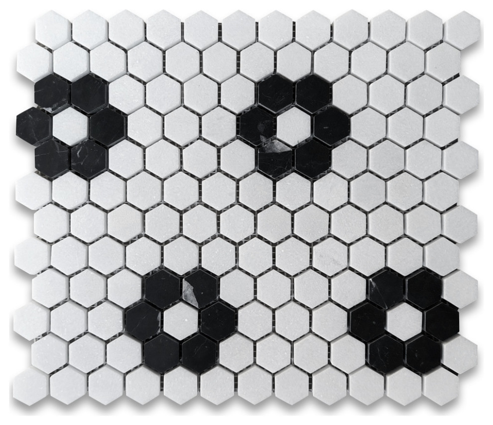 Thassos White Marble Hexagon Rosette Mosaic Tile Nero Marquina Black, 1 ...