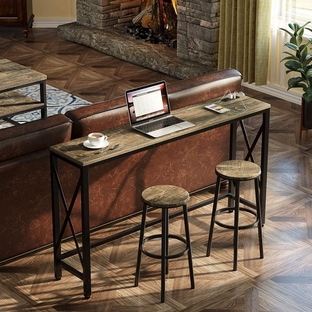 Narrow Console Table with Power Outlet with Metal Frame and Adjustable ...