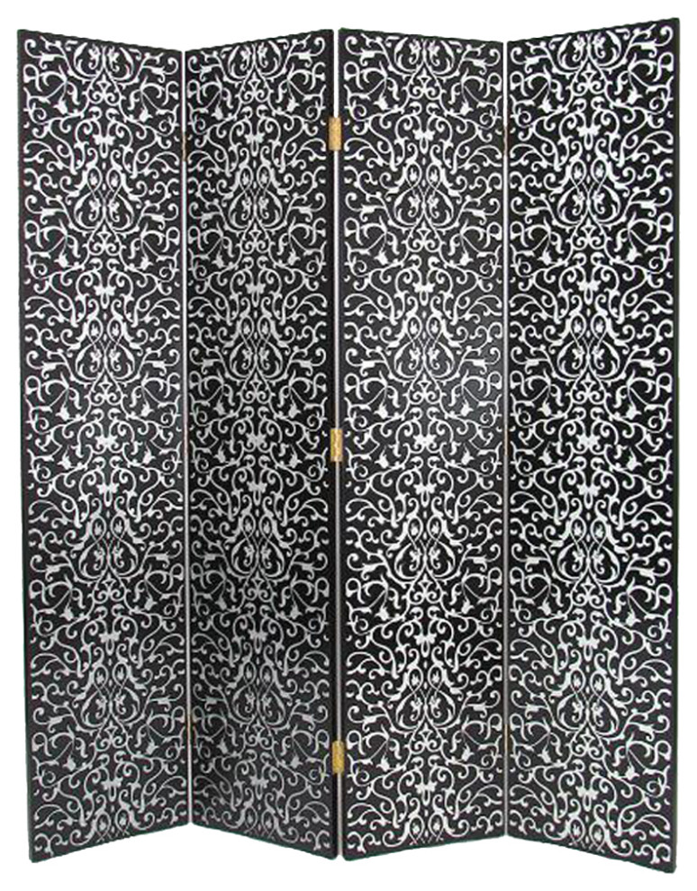 Benzara BM213512 4 Panel Room Divider with Scrolling Motifs, Black and ...